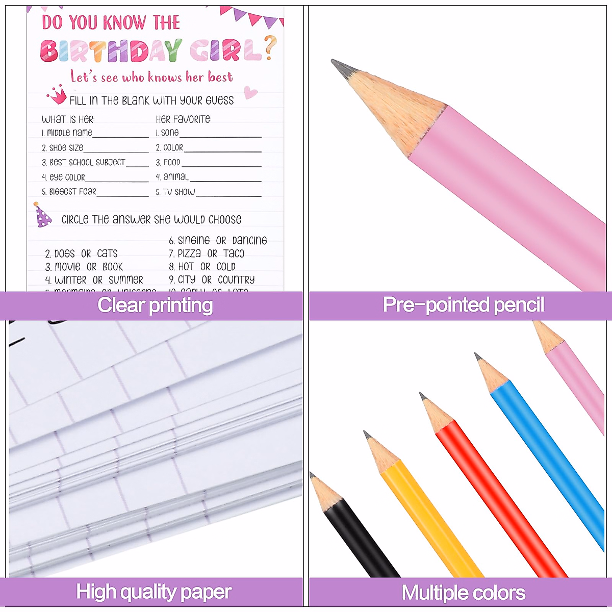 50 Sheets Who Knows The Birthday Girl Game Cards Birthday Girl Party Game Cards with 20 Pieces Pre Pointed Wood Pencils Notebook Themed Party Activity Card for Sleepover Slumber Party Supplies