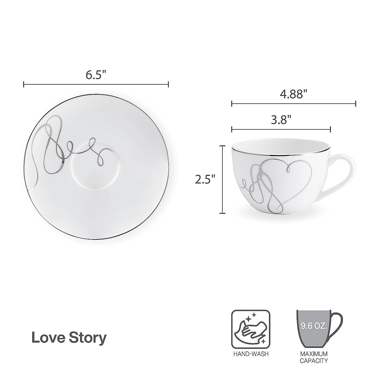 Mikasa Love Story Platinum Banded Teacup and Saucer Set, Set of 4, 9.6-Ounce, White
