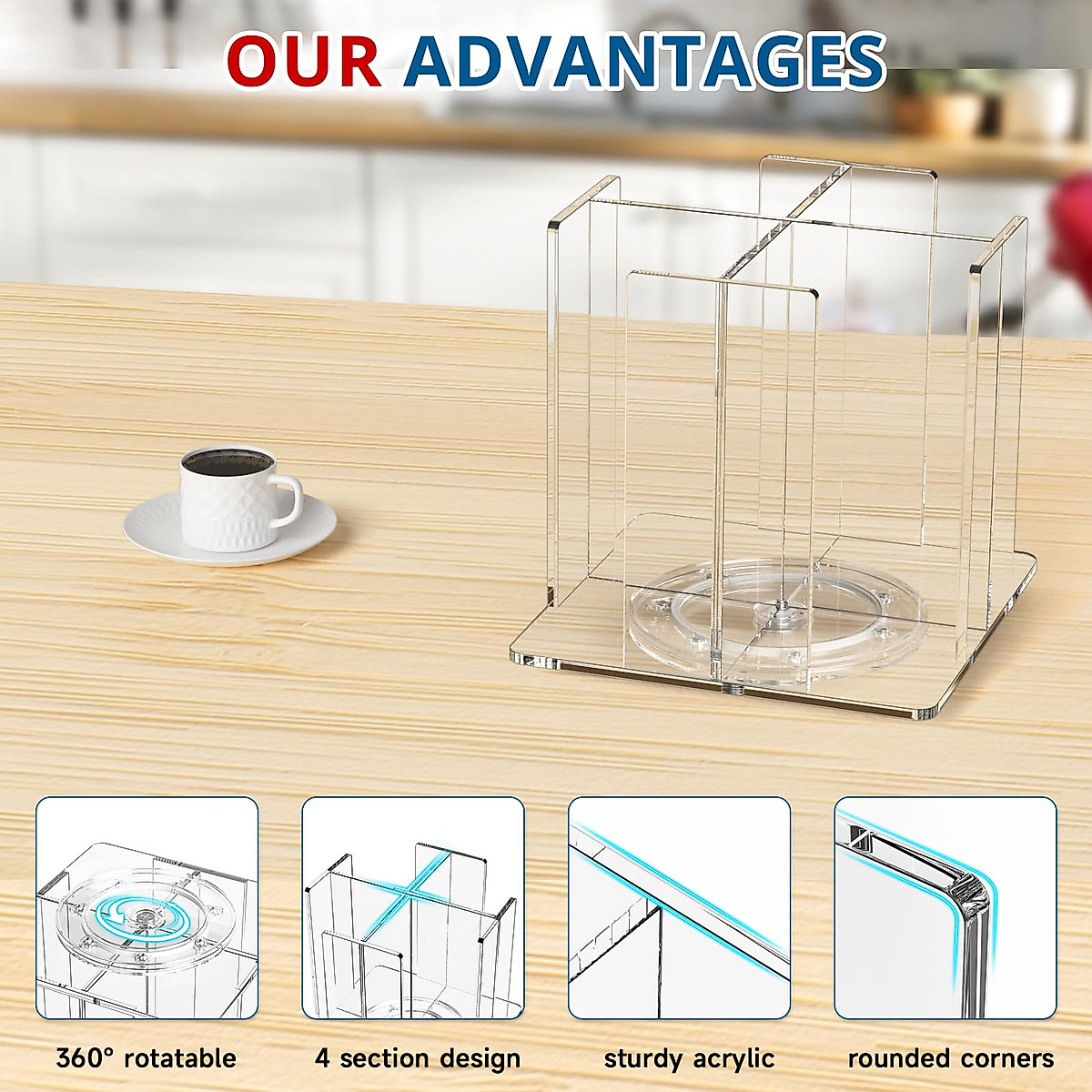 KOTEMON Cup and Lid Holder, 4 Compartment, Square | Rotating Coffee Cup Dispenser Lid Carousel for Restaurant, Buffet, Coffee Station, Bar, Countertop, Clear Acrylic