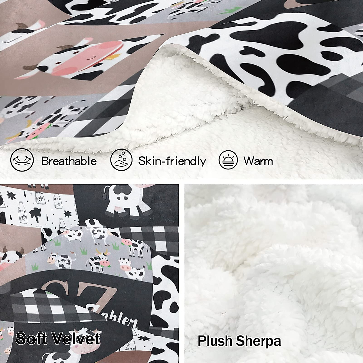 NZOOHY Cow Print Patchwork Personalized Baby Blanket for Girl Boy Soft Warm Newborn Throw Naps Swaddle Custom Blanket 30X40 in