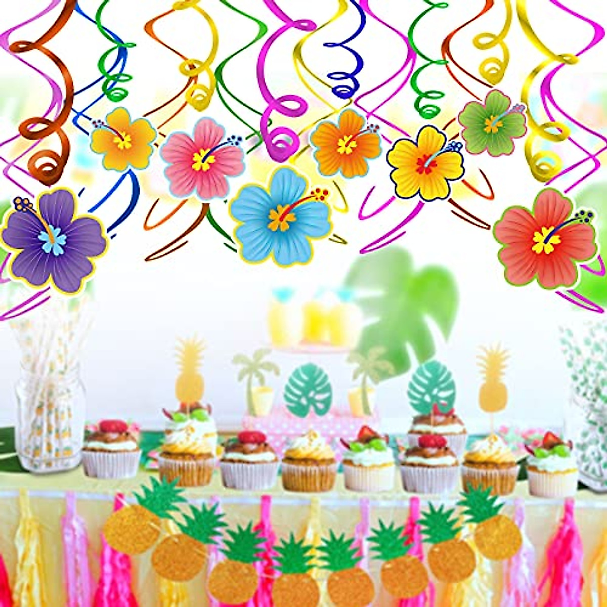 HOWAF 30 Pcs Hawaiian Tropical Luau Birthday Party Hanging Swirls Hibiscus Swirls Flower Foil Swirl Decorations Ceiling Decorations for Tiki Cocktail Beach Summer Party Decoration Supplies