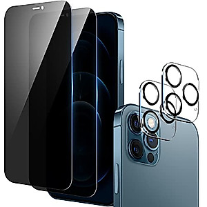[2+2 Pack] Fotbor for iPhone 12 Pro Max Privacy Screen Protector [2 Pack] and Camera Lens Protector [2 Pack], [2X Anti-Spy] Easy Installation Shatterproof 9H Tempered Glass Film for Apple iPhone 12 Pro Max 6.7" 5G (Privacy)