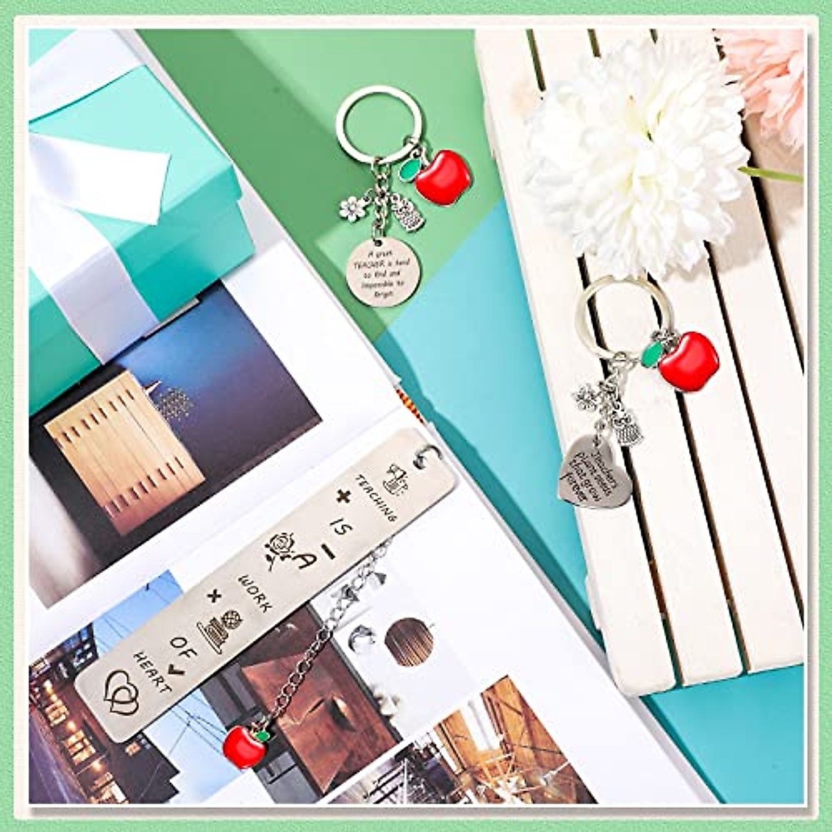 Hinly 12 Pcs Teacher Keychain and Bookmark Teacher Appreciation Gift Set for Women Men 6 Teacher Keychain and 6 Teacher Bookmark, End of Year Thank You Gifts for Teacher