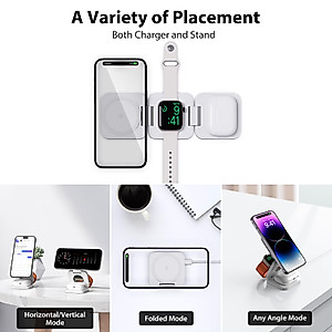 KU XIU Fast Wireless Charger, Magnetic Foldable 3 in 1 Charging Station for iPhone 16/15/14/13/12/Pro/Plus/Pro Max, 5W Portable Charger for Apple Watch9/8/7/6/5/4/3/SE, for Airpods3/2/Pro-White