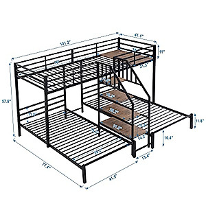 DEYOBED Twin Size L-Shaped Triple Bunk Bed with Storage Stairs, Twin Over Twin & Twin Metal Bed Frame for 3 Kids Teens Girls Boys, Black