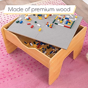 KidKraft Reversible Wooden Activity Table with Board with 195 Building Bricks – Gray & Natural, Gift for Ages 3+