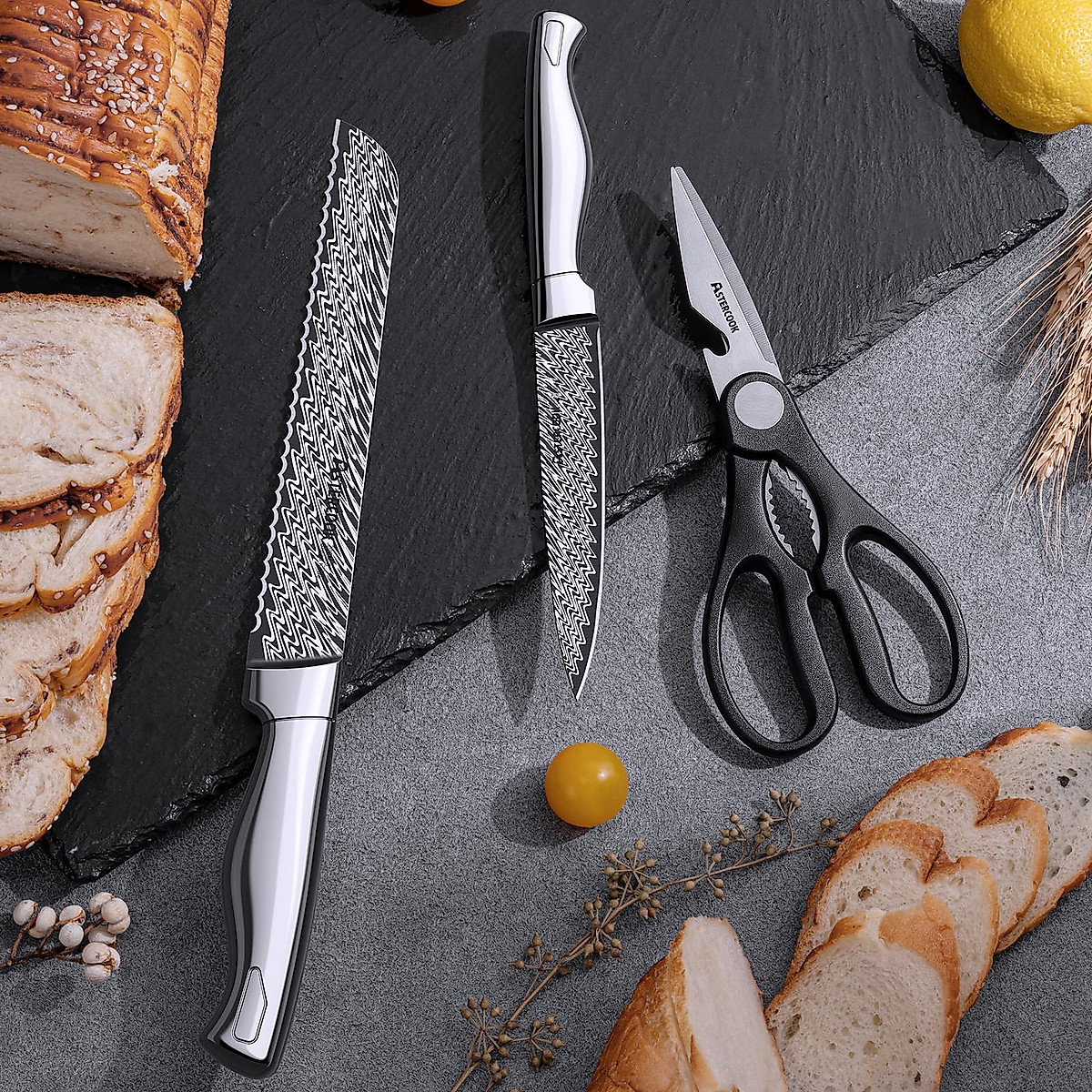 Knife Set, 15 Pieces Kitchen Knife Set with Built in Sharpener Block, German Stainless Steel Knife Block Set