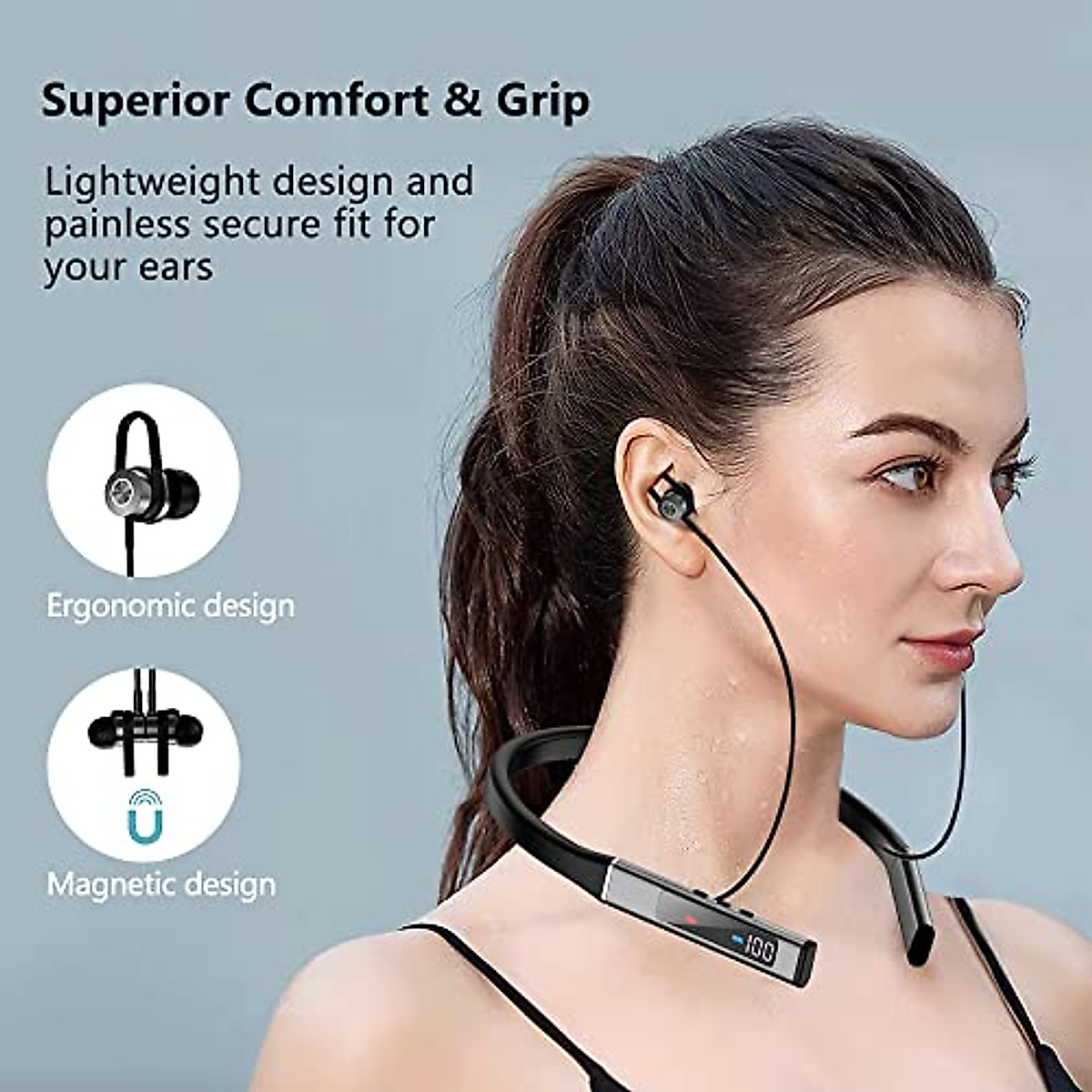 Neck-Mounted Earphones Wireless Sports Bluetooth Earbuds bass Boost in-Ear Noise Isolation,Magnetic Neckband earhooks Bluetooth Headphones with mic,80 Hours Playback,LED，USB-C (Blue)