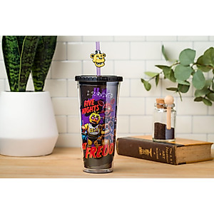 Silver Buffalo Five Nights at Freddy's I Survived Plastic Cold Cup with Lid and Topper Straw, 24 Ounces