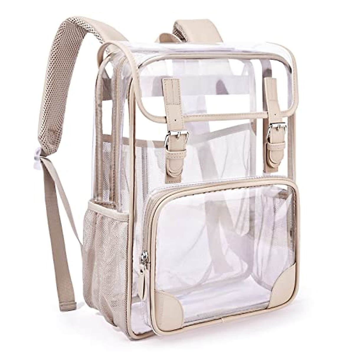 mommore Clear Backpack Heavy Duty Thick PVC Transparent Backpack with Leather Trim Large Capacity See Through Backpack