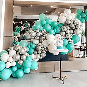 Tiffany Blue White Balloons Arch Garland Kit 134 Green Silver Balloons with Balloon Strip Tape Balloon Dot for Blue Backdrop Birthday Decoration , Baby Shower, Wedding, Graduation