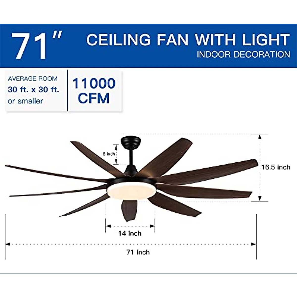 Large Ceiling Fans with Lights 71" Remote Control Ceiling Fan Integrated LED Ceiling Fan Lighting Indoor Timing Ceiling Fans Solid Wood Blade Ceiling Fan for Bedroom Living Room Brown