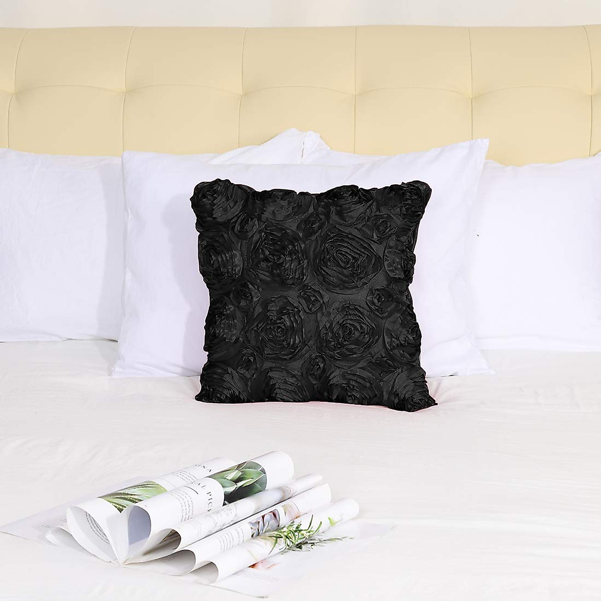 PiccoCasa 3D Flowers Throw Pillow Cover, Romantic Decorative Satin Cushion Cover, Stereo Roses Pillow Cover for Bed Sofa Couch, 16'' x 16'', Black