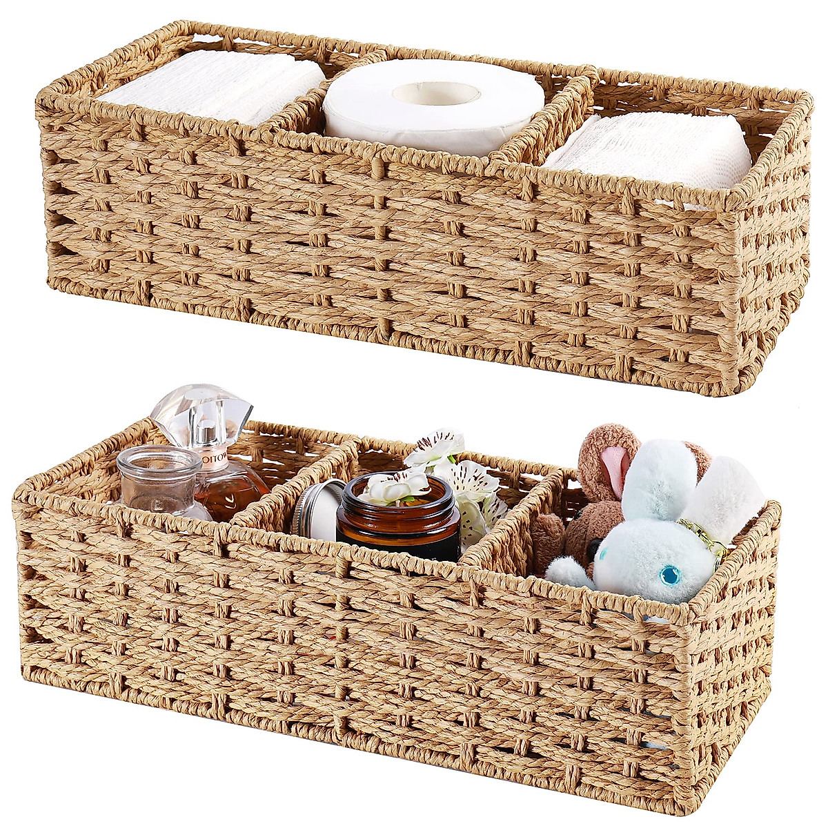 Vagusicc 3-Section Wicker Baskets for Shelves, Hand-Woven Round Paper Rope Wicker Storage Basket, Toilet Paper Basket for Toilet Tank Top, Baskets for Organizing, 2-Pack