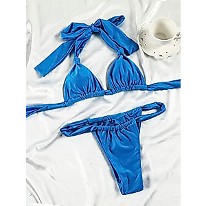 Women Thong Bikini Set Cheeky Halter Triangle String Two Piece Swimsuits Sexy Ruched Brazilian Bathing Suit Blue