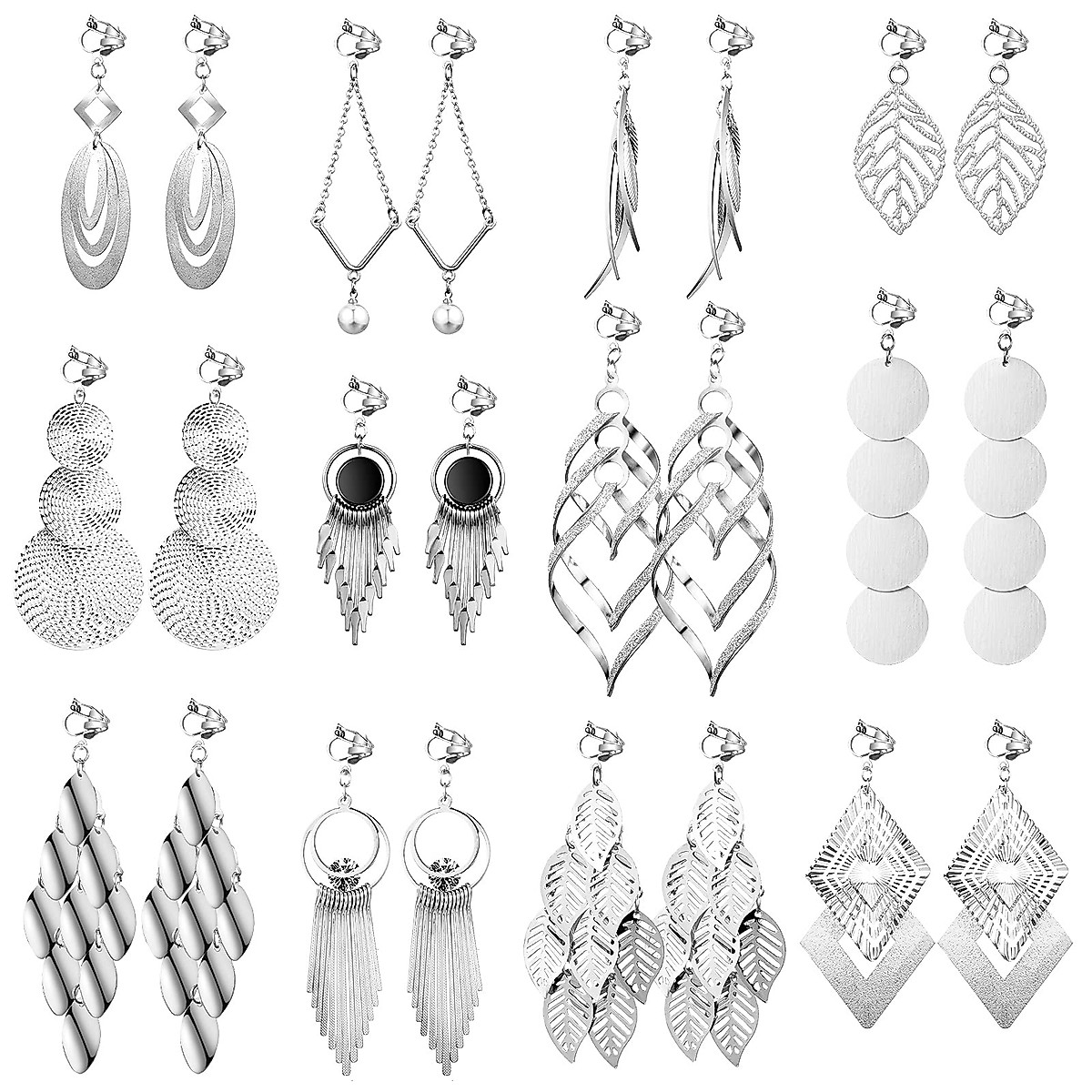 12 Pairs Clip on Drop Dangle Earrings Set Bohemian Tassel Pendant Clip Earrings Plated Ear Clips Non-Piercing Pendant Earrings for Women (Silver)