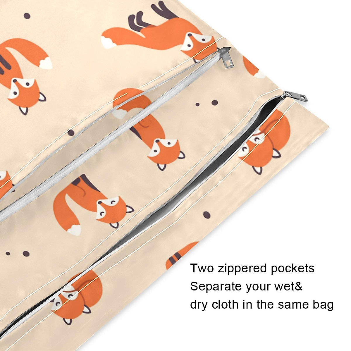 Cute Animal Fox Pattern Wet Dry Bag Set Waterproof Reusable Baby Diaper Bags Organizer with Two Zippered Pockets for Travel Beach Swimming Swimsuit Wet Clothes 2 Pack