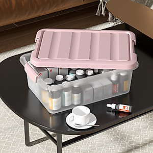 Ysmiltion 14 Quart Plastic Storage Latch Boxes with Pink Lids, Plastic Latching Storage Bins, 2 Packs
