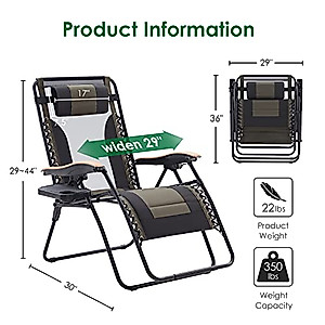 Farini Oversized XL Zero Comfortable Lounge Outside Anti-Gravity Adjustable Headrest and Side Table Reclining Camping Chair Support 350Lbs, 30D x 29W x 44H in, Black/Green