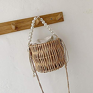 Pearl Hand Woven Handbag Straw Woven Rattan Crossbody Bag Vintga Bamboo Handbag, Handmade Tote Bamboo Purse, Straw Beach Bag For Women Or Girl