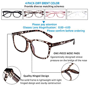 Henotin 4-Pack Blue Light Blocking Reading Glasses Women Men,Spring Hinge Computer Readers,Anti UV Ray Square Nerd Eyeglasses (Mixed Color, 0.75, Diopters)