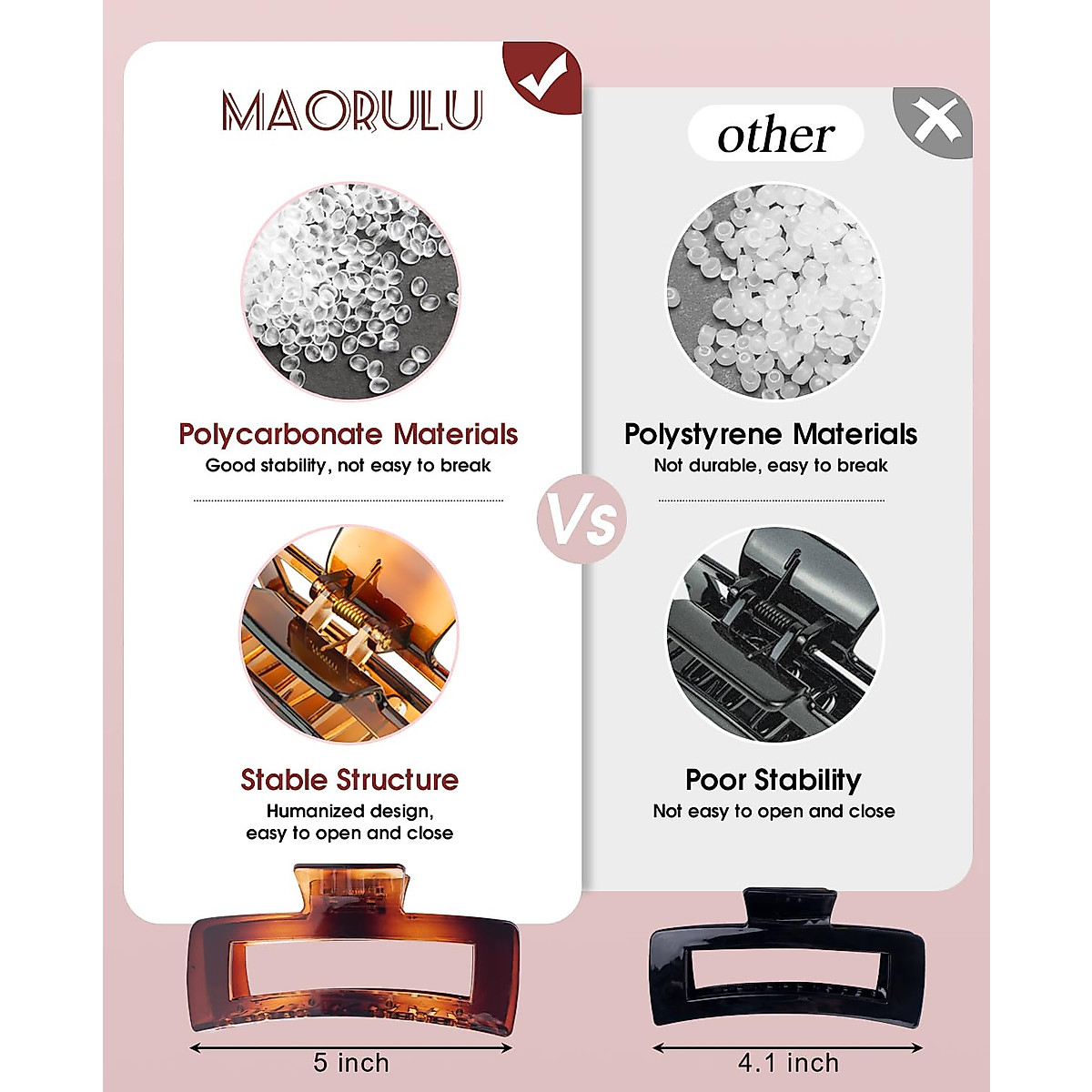 4 Pack Extra Large Hair Claw for Women, 5'' Strong Hold Bright Clamps for Thick and Long Hair, 90's Non-slip Square Jaw Clips for Curly Hair,