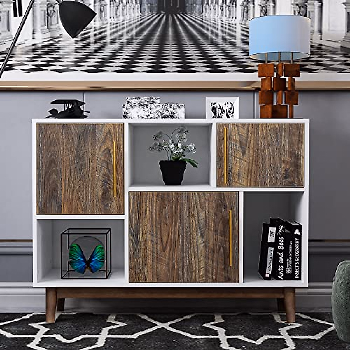 Storage Cabinets, Multifunctional Display Cabinet with Display Shelves and Doors, Entrance Modern Buffet or Kitchen Sideboard with Gorgeous Golden Brass Accents, Modern Style TV Cabinet(Espresso)