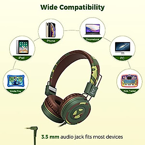 Yomuse C89 Kids Headphones, Wired Headphone with Microphone, On Ear Headphone with Adjustable, Foldable Headphones for School Travel Children Girls Boys Adults (Camo Green)