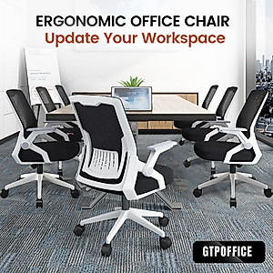 GTPOFFICE Ergonomic Office Chair, Computer Desk Chair Comfy with Adjustable Lumbar Support, Mid-Back Mesh Office Chair with Flip-up Armrest, Tilt Function Task Chair for Home, Bedroom, Gaming, White