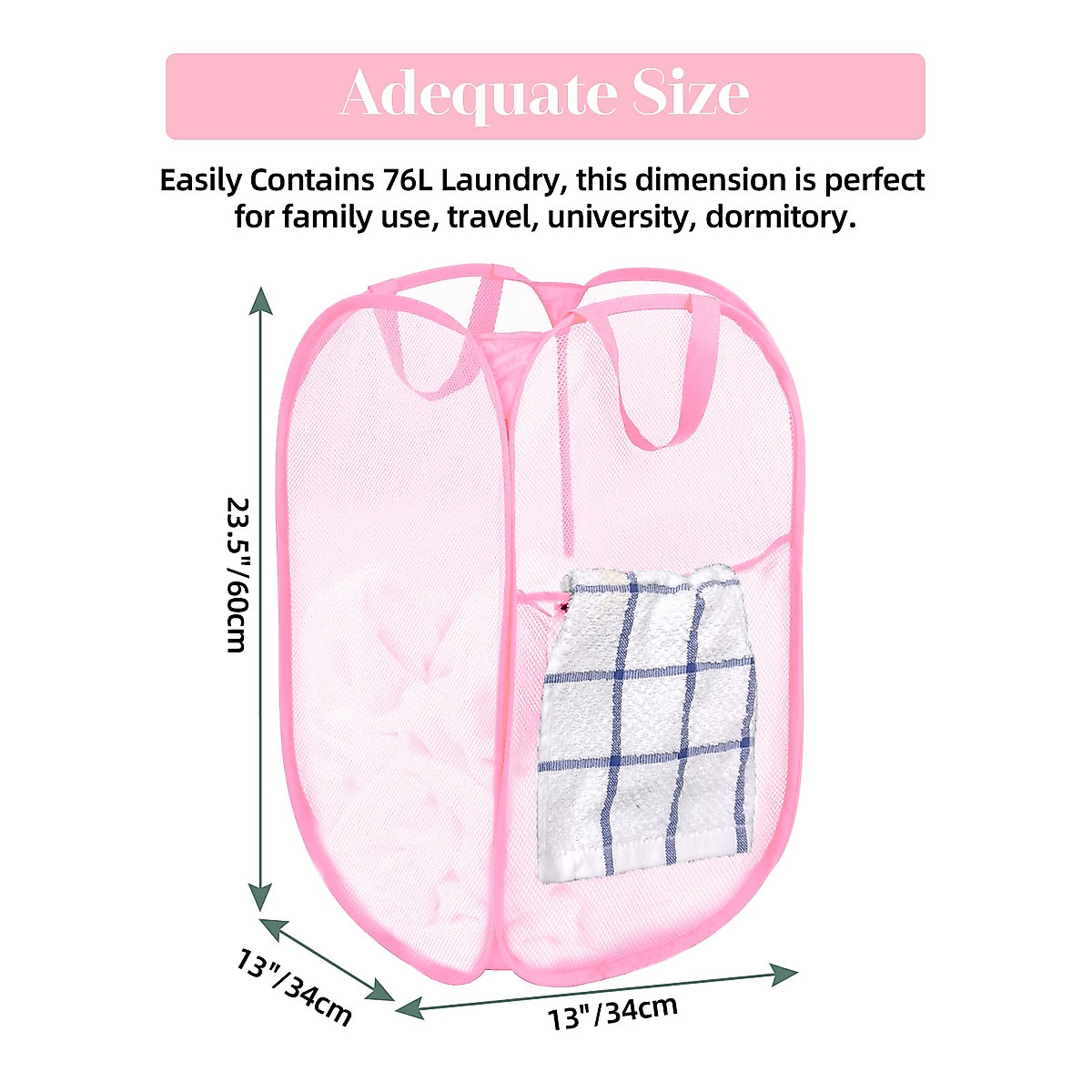 Durable Collapsible Laundry Baskets - Reinforced Mesh Pop Up Laundry Hamper with Side Pocket, Foldable Clothes Storage Hamper with Carry Handles for Laundry, Bathroom, Kids Room, Dorm or Travel Pink