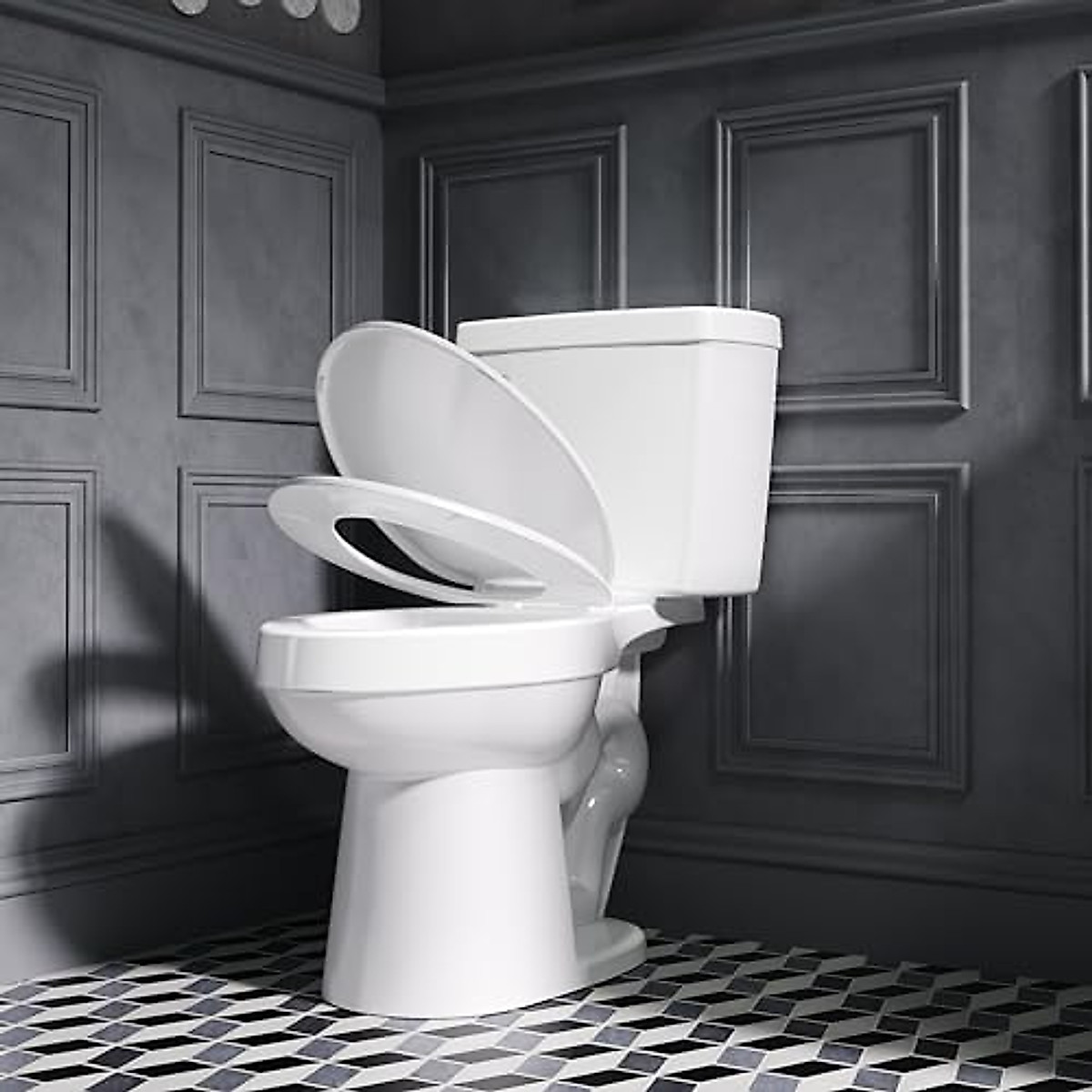 White 2-piece Elongated Toilet with Standard 12-in Rough-in, ELLAI Powerful Single Flush 1.28 GPF ADA Chair Height Toilet (Seat Included)