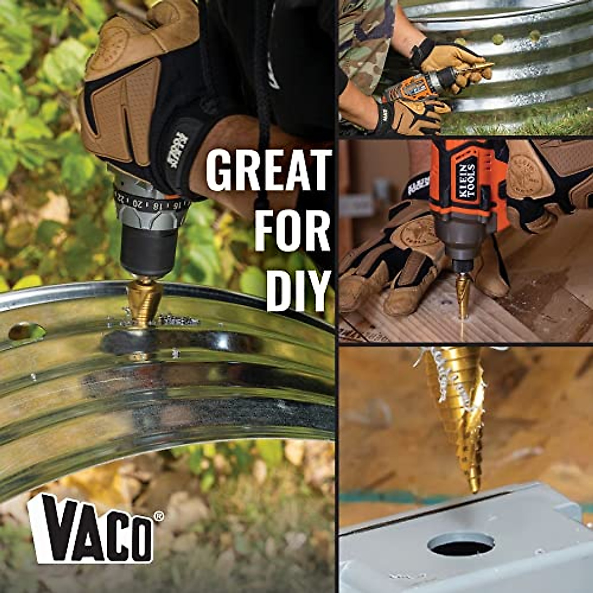 Klein Tools 25964 Step Drill Bit, 1/8 to 1/2-Inch, Spiral Double-Fluted, Cuts Thin Metal, Plastic, Aluminum, Wood, 1/4-Inch Hex Shank, VACO