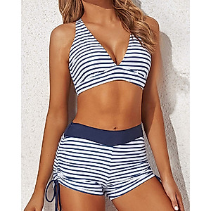 Yonique 3 Piece Tankini Swimsuits for Women Swim Tank Top Bathing Suits with Boy Shorts and Bra Athletic Swimwear Blue XL