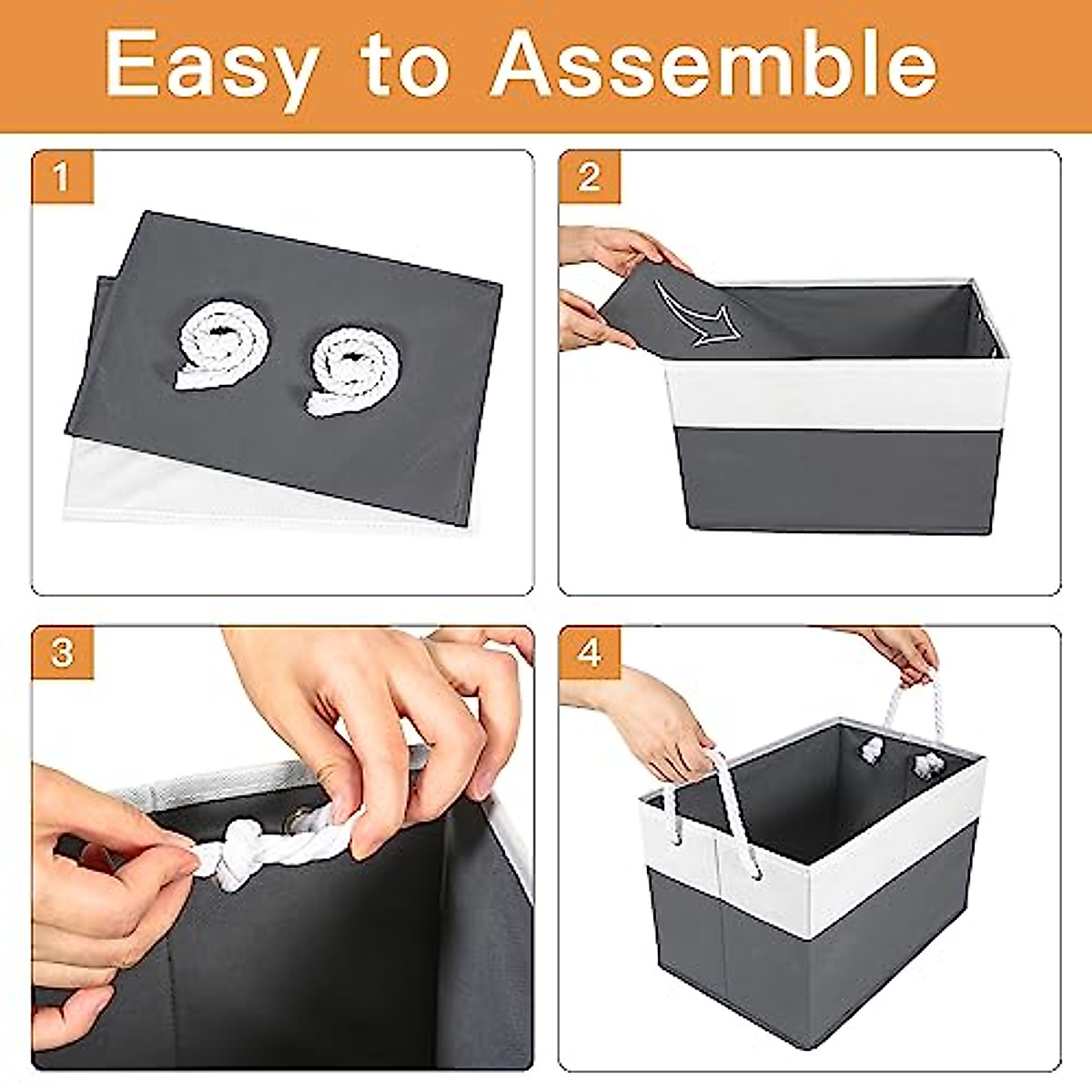 Vimudiy Storage Bin, Foldable Storage Basket [3-Pack] with Dual Rope Handles, Large Capacity Storage Boxes with Sturdy Non-Woven Fabric for Organizing Toys, Shelves & Closet, White & Grey