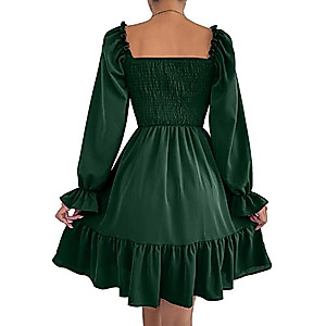 Ekaliy Women's Casual A line Dress Knee Length Puff Sleeves Smocked Elegant Homecoming Dress Green S