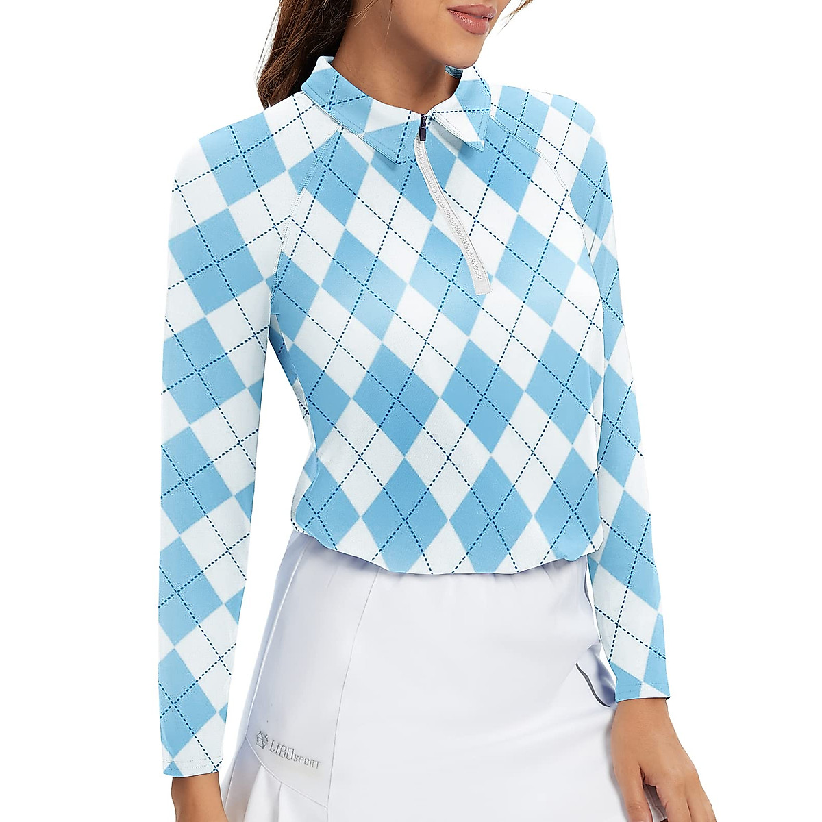 Women Long Sleeve Moisture Wicking Sport Golf Polo Shirt Tops（Blue Plaid,S
