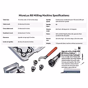 MicroLux® High Precision Heavy Duty R8 Miniature Milling Machine Only “True Inch” machine on the market, Powerful brushless 500W motor with more torque