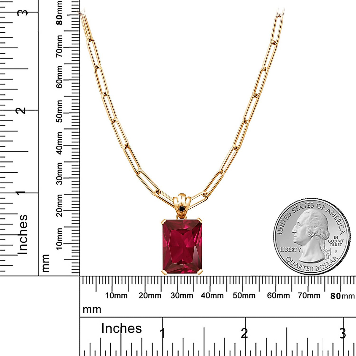 Gem Stone King 20.03 Ct Red Created Ruby Black Diamond 18K Yellow Gold Plated Silver Pendant with 3.25mm Paperclip Link Chain 18 inch with 2 inch Extender