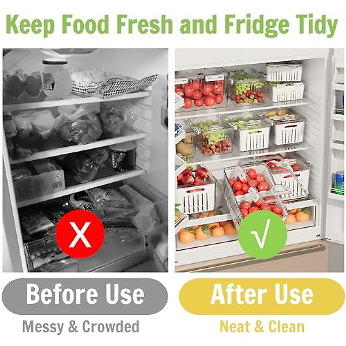 HausArtX Large Fridge Organizer Bins, Fridge Fruit Storage Containers with Removable Colander, BPA-Free, for Keeping Meat, Vegetable, Egg & Fruit Fresh (3 Packs)