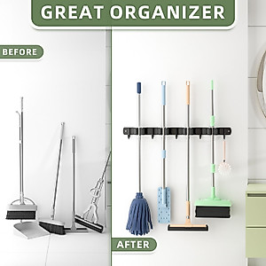 Batur 2 Pack Broom Holder Wall Mount, Upgraded Broom Holder, Heavy Duty Mop and Broom Holder Wall Mount, Super Anti-Slip 4 Racks 5 Hooks Broom Hanger Organizer for Home Kitchen Garden Laundry Garage
