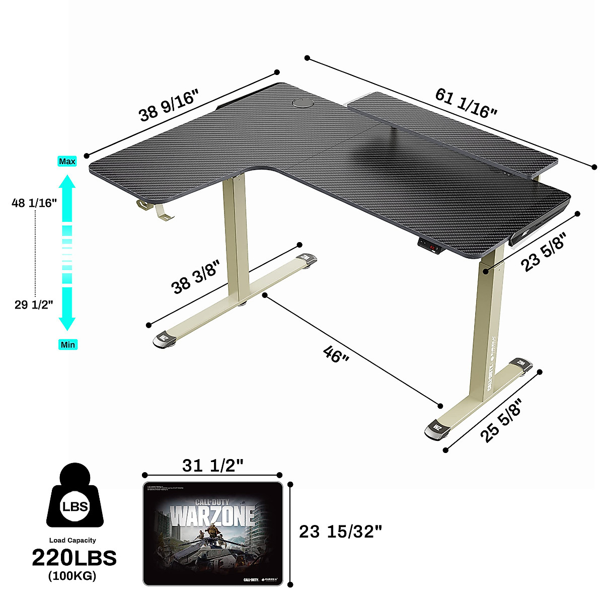 L Shaped Electric Height Adjustable Standing Desk Keyboard Tray,61" Stand Up Corner Computer Desk,Dual Motor Sit Stand Home Office Desk with Monitor Riser Memory Preset Mouse Pad RGB Lights