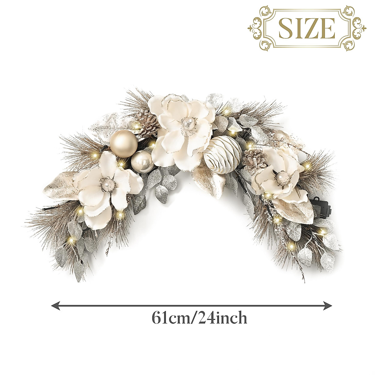 Valery Madelyn Pre-Lit Christmas Swag Outdoor, 24 Inch Mailbox Christmas Decorations Swag Teardrop for Front Door Stairs Railing Window Xmas Decor with 20 LED Lights Champagne Gold Ball Ornament