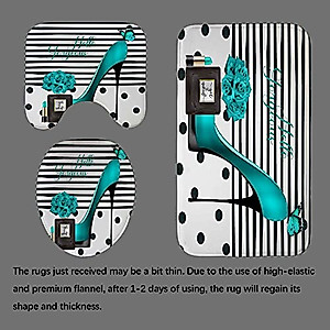 SKAILIÉ 4PCS Teal High Heels Shower Curtain Set, Hello Gorgeous Turquoise Rose Butterfly Lipstick Perfume Makeup Black and White Striped Polka Dot Modern Fashion Girl Bathroom Decor, Non-slip Bath Mat