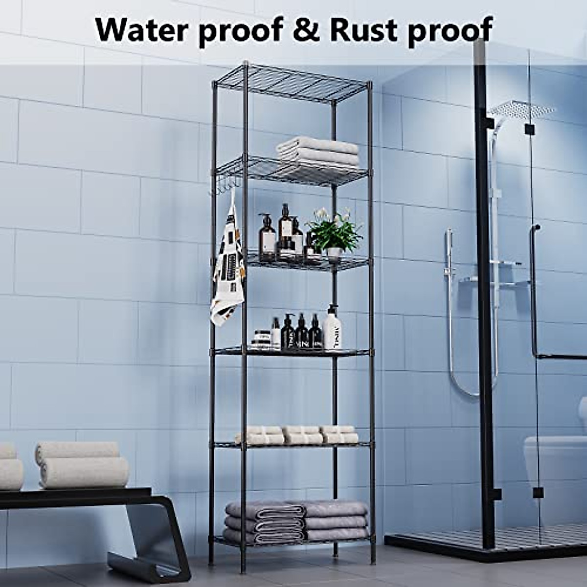 BATHWA 6 Shelf Adjustable Wire Shelving Units, Heavy Duty Metal Storage Wire Shelf with Leveling Feet, Utility Steel Shelves for Garage, Kitchen, Living Room, Bathroom,