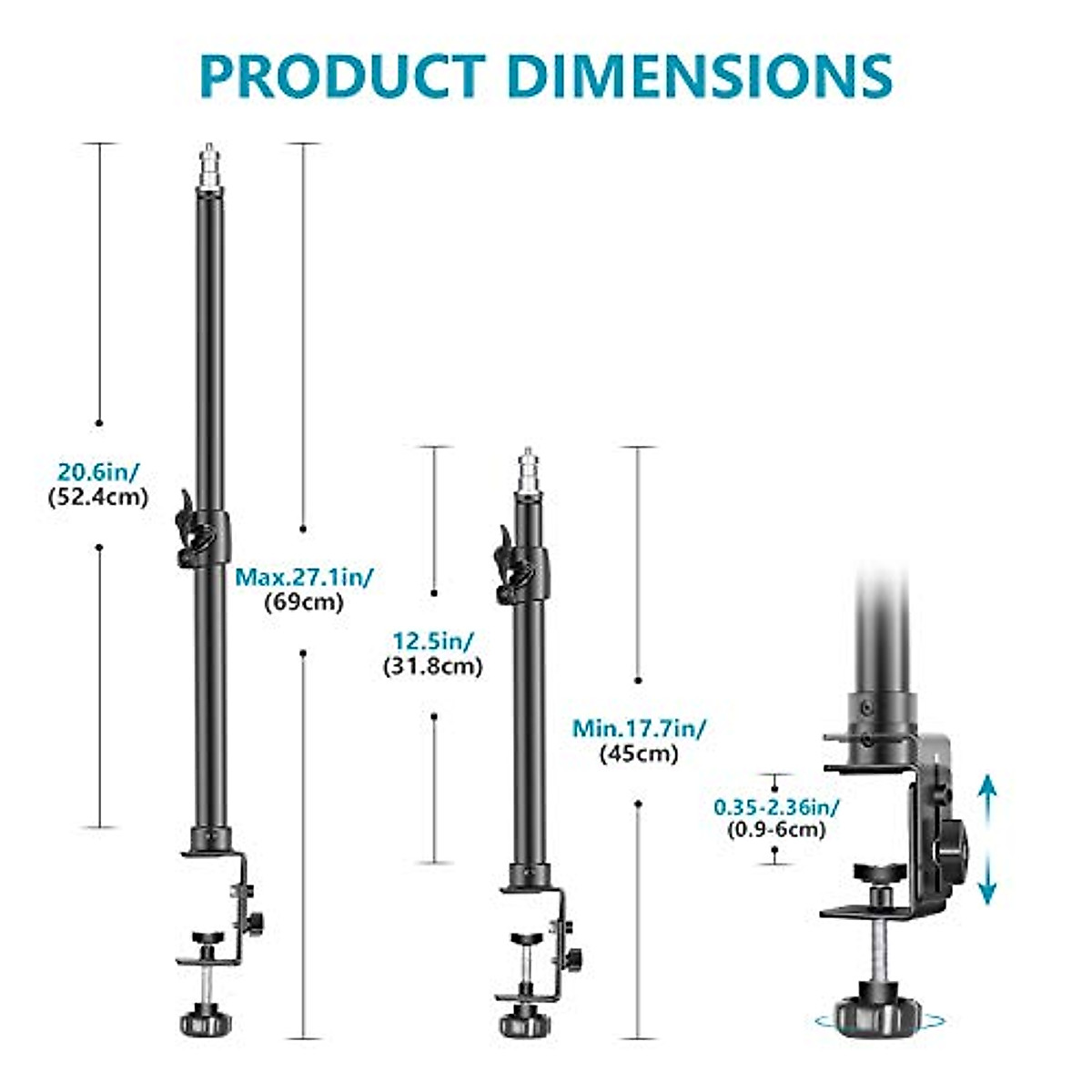 Neewer Tabletop Light Stand Clip Stand with 1/4inch Screw for Ring Light and LED Light, Aluminum Alloy, Adjustable 12.5-20.6 inches/32-52cm for Make Up, Live Streaming, Photo Video Shooting
