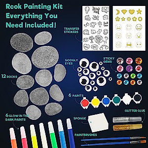 Simetufy 12 Rocks Painting Kit, Glow in The Dark Rocks to Paint, Arts and Crafts for Kids, Smooth Flat Rocks with Art Supplies, Creative Outdoors Activity Kit for Boys Girls, Ages 4-6, 6-8, 8-12+