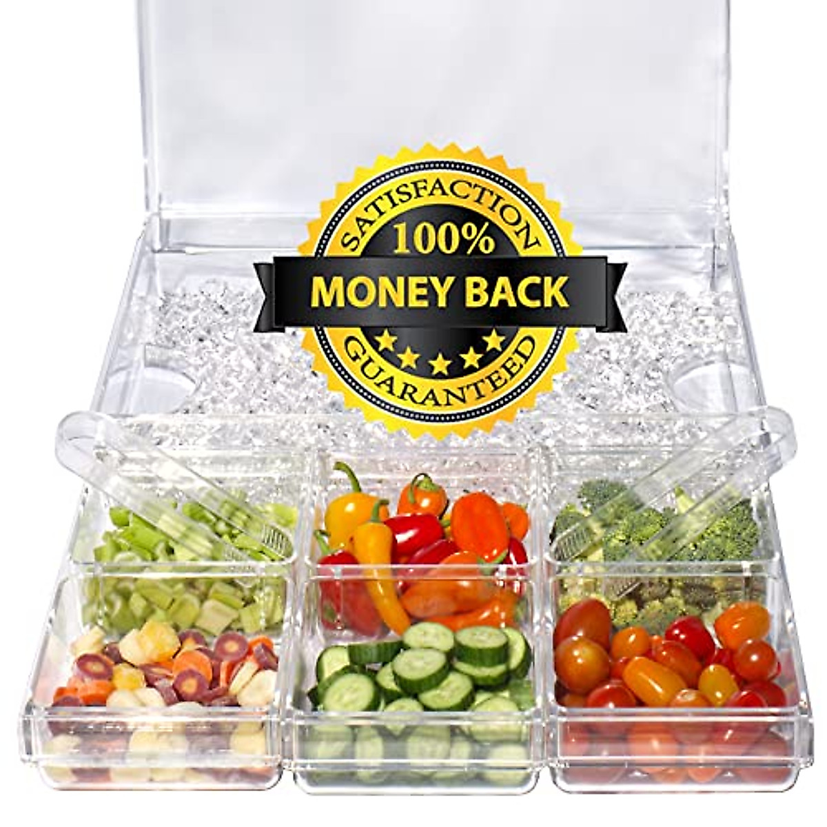 ImpiriLux Ice Chilled Six Compartment Condiment Server Caddy - Serving Tray Container with 6 Removable Dishes Each with 3.5 Cup Capacity | Domed Hinged Lid | 4 Serving Spoons + 4 Tongs Included