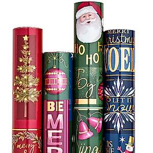 RUSPEPA Christmas Wrapping Paper - Santa Claus, Snowman, Christmas Tree and Bell Design - 4 Rolls - 30 Inches x 10 Feet Per Roll