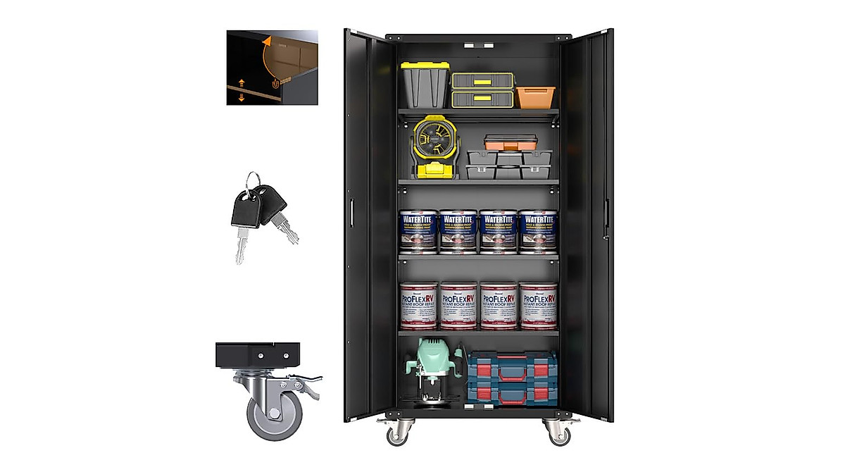 Aobabo 72in Lockable Metal Garage Storage Cabinet w/ Wheels