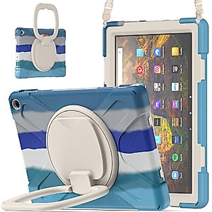 360 ° Rotation Portable Case for Fire HD 10 & HD 10 Plus Tablet（11th Generation, 2021 Release Rugged Case Rotating Stand Hand Strap Shoulder Carrying Strap Outdoor Cover (Colourful Blue)